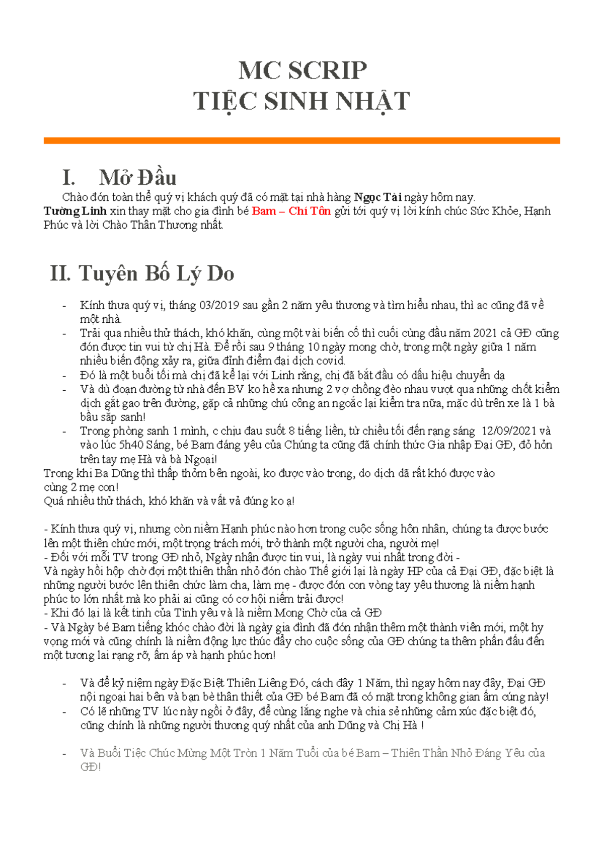 BAM's Birthday Party Script - MC Tường Linh - Studocu