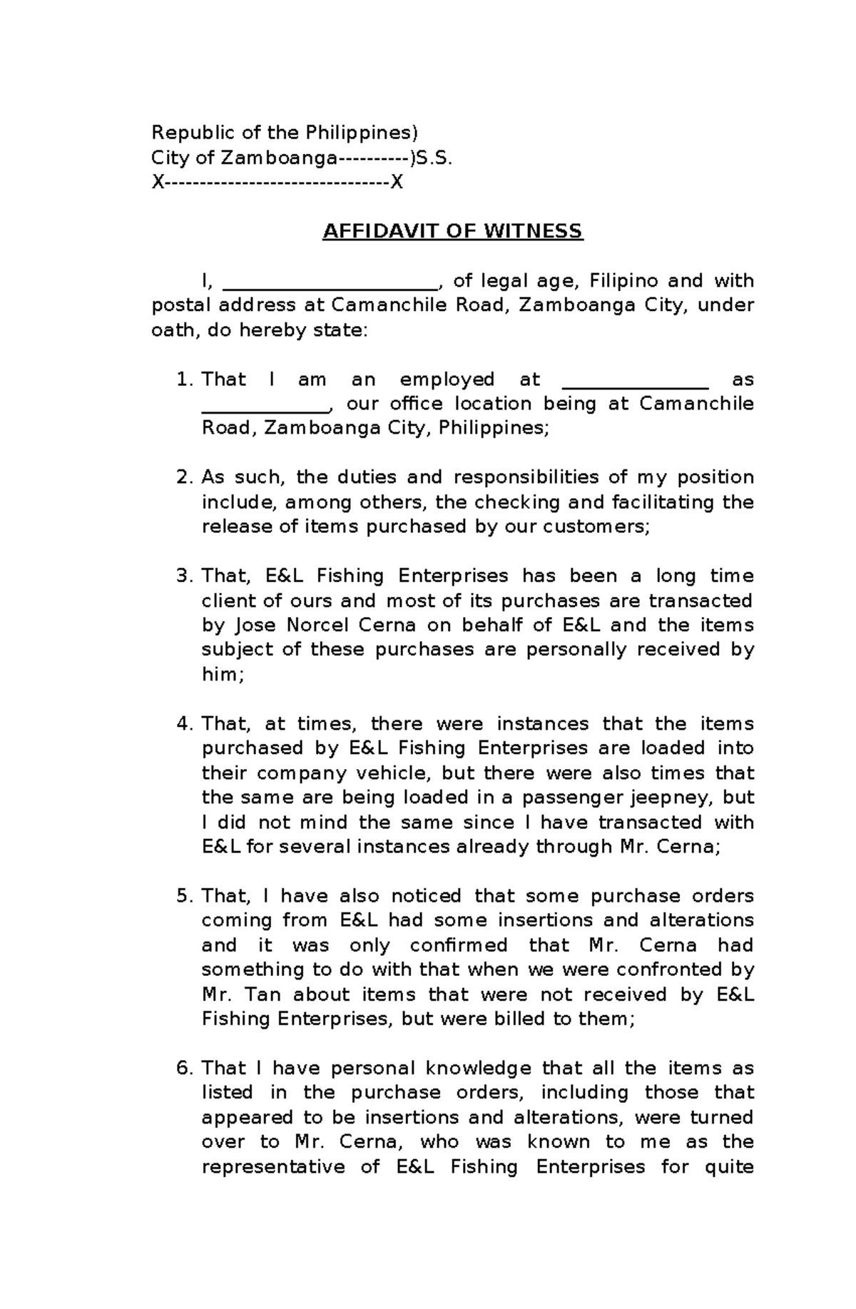 Affidavit of witness - Republic of the Philippines) City of Zamboanga ...