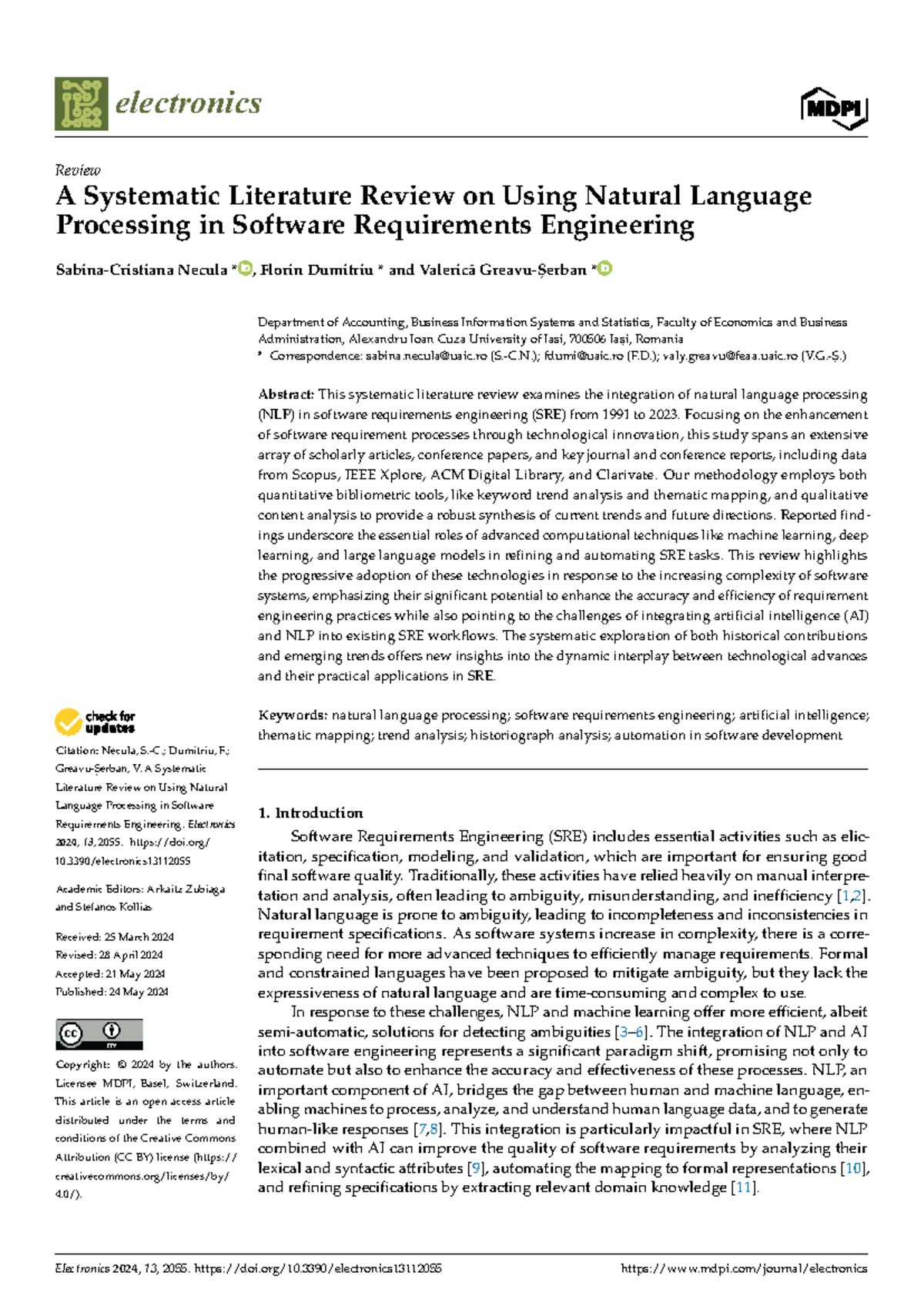Electronics 2024: A Systematic Review of NLP in Software Requirements ...