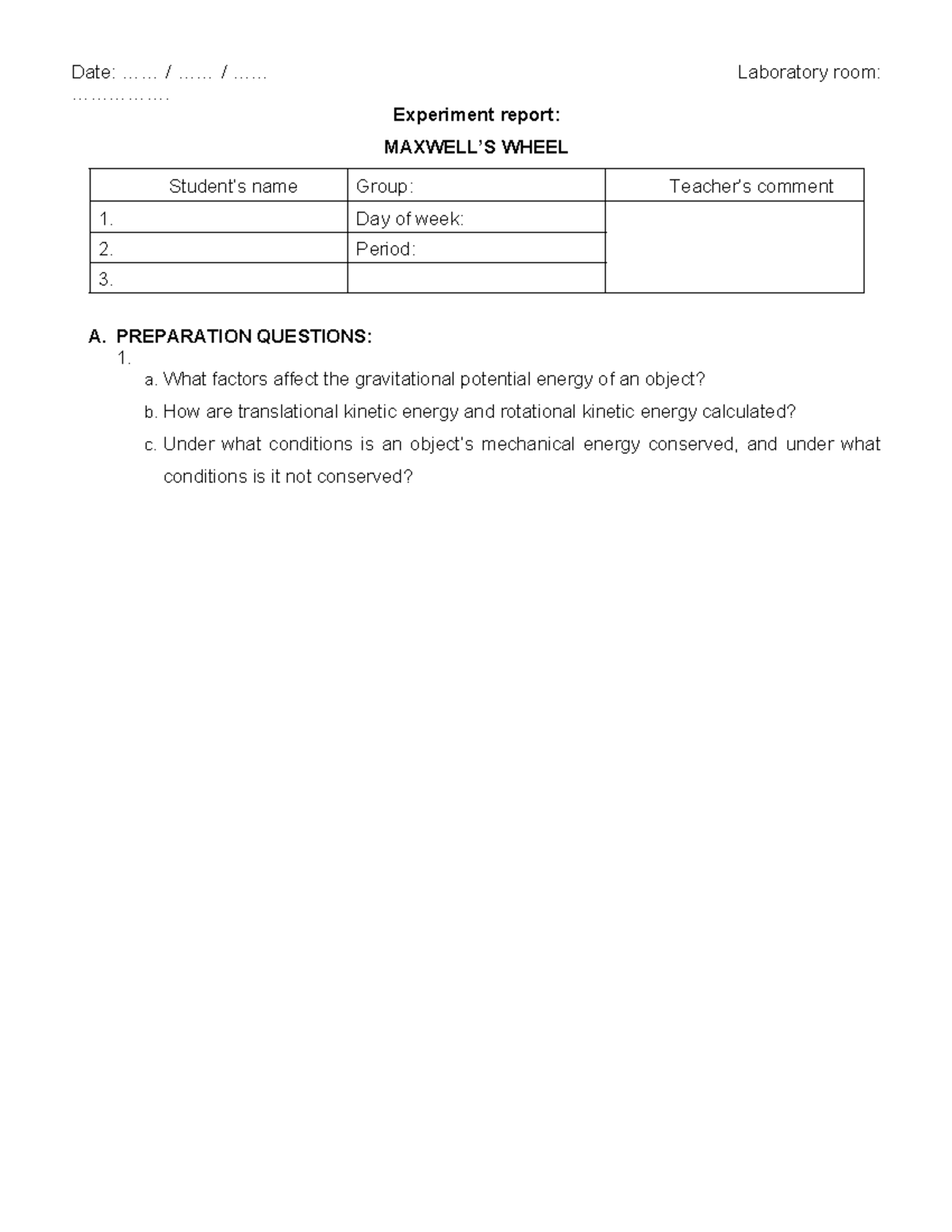 Experiment Report: Maxwell's Wheel Lab (Group 1) - Studocu