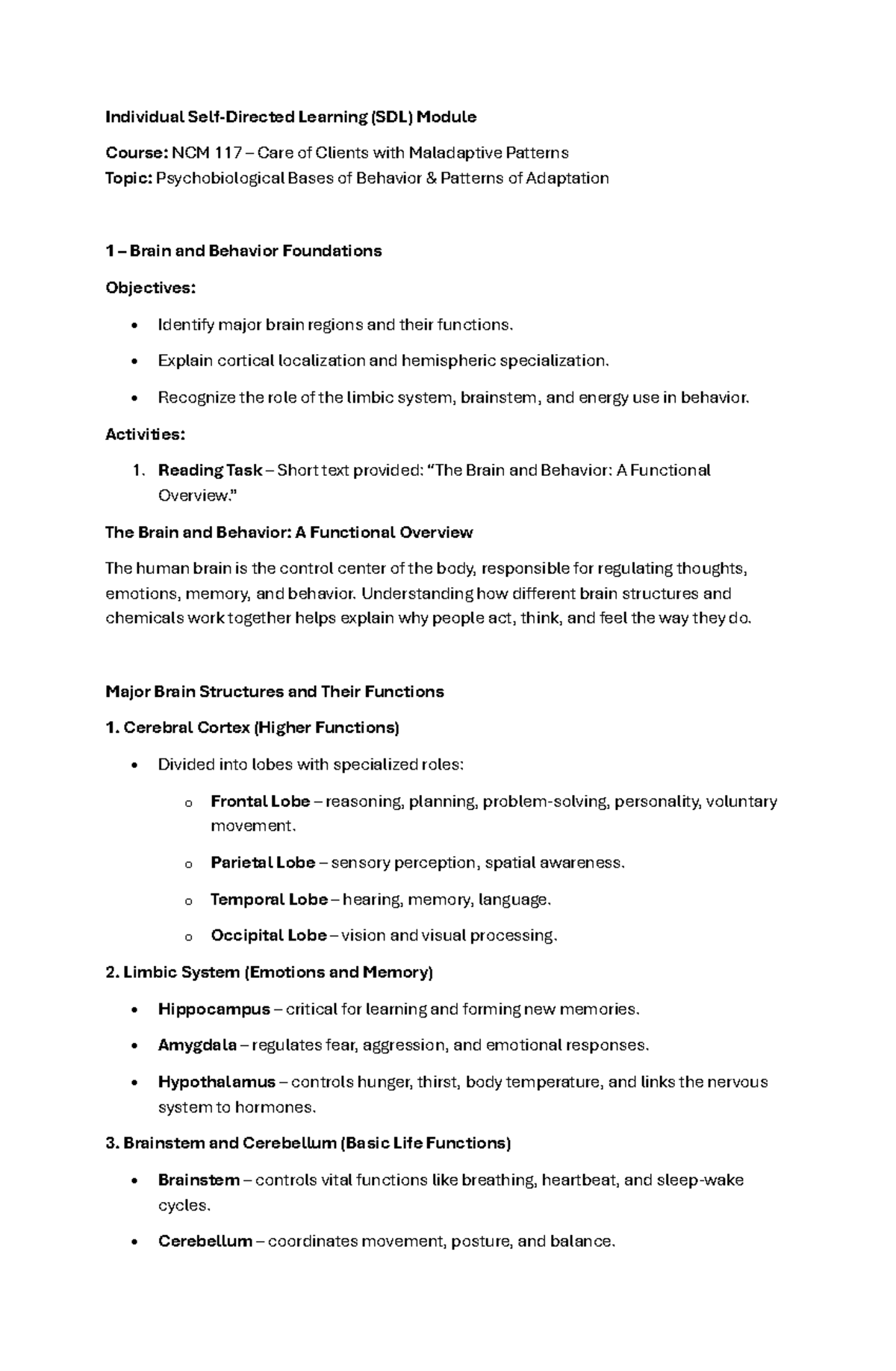 NCM 117 SDL Module: Brain & Behavior Adaptation Patterns Overview - Studocu