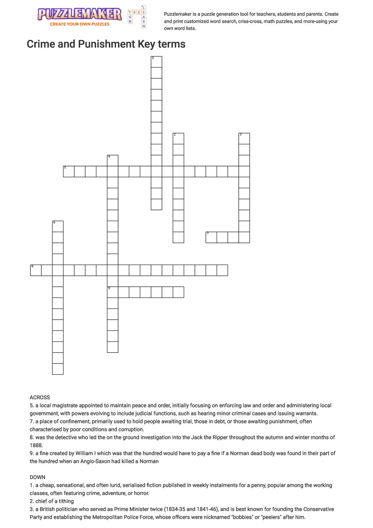 Crime and Punishment - Key Terms Crossword Puzzle - Studocu