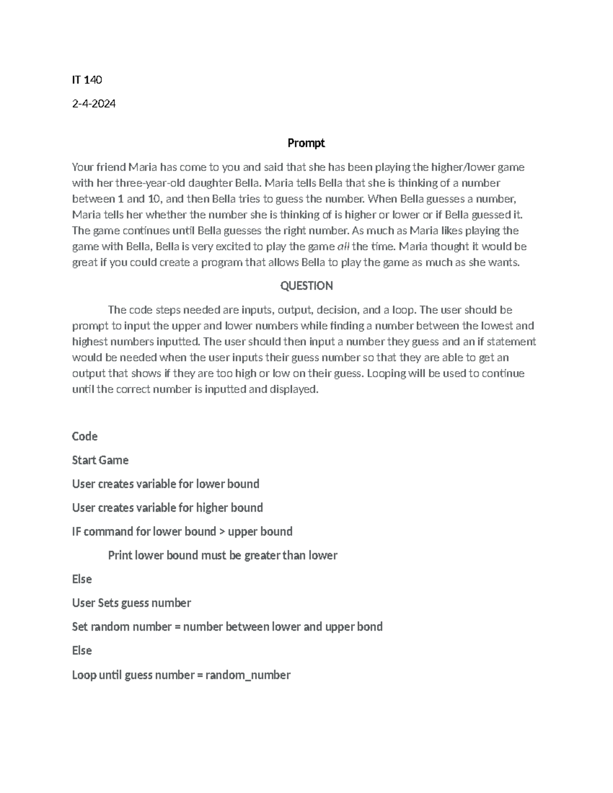 4-3 Pseudocode revisited - IT 140 2-4- Prompt Your friend Maria has ...