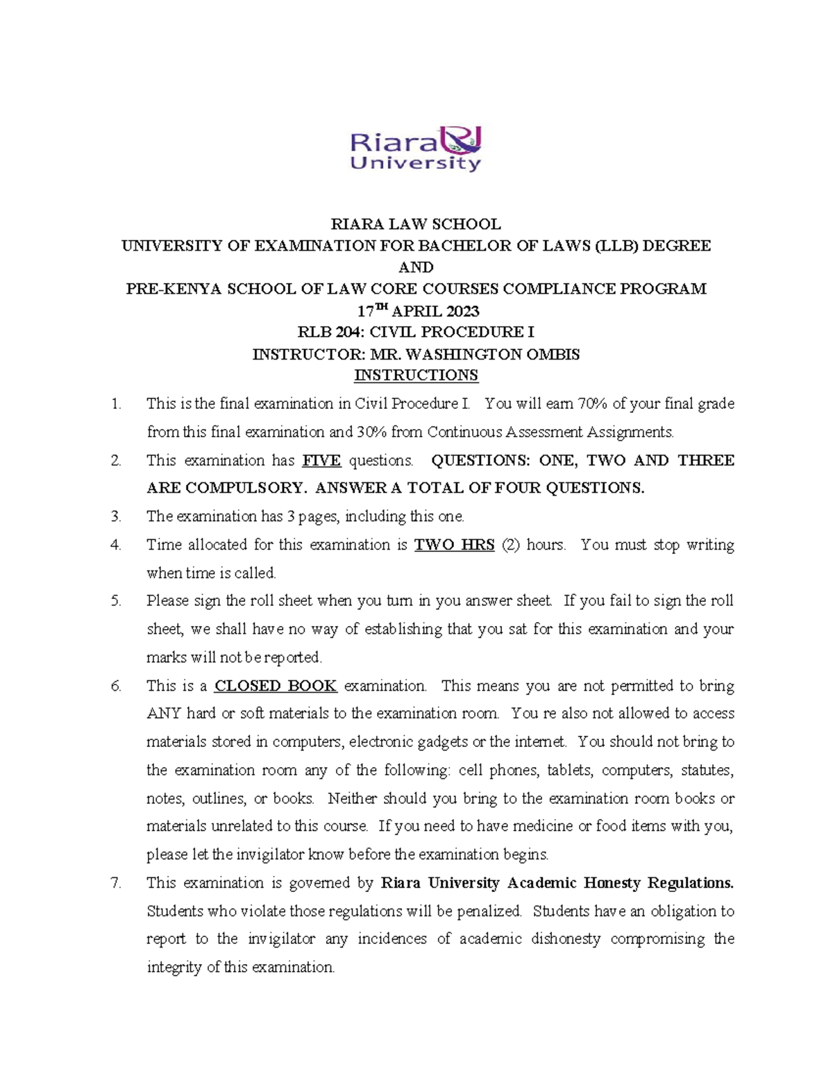Riara LAW School LLB Final Exam: Civil Procedure I (RLB 204) Practice ...