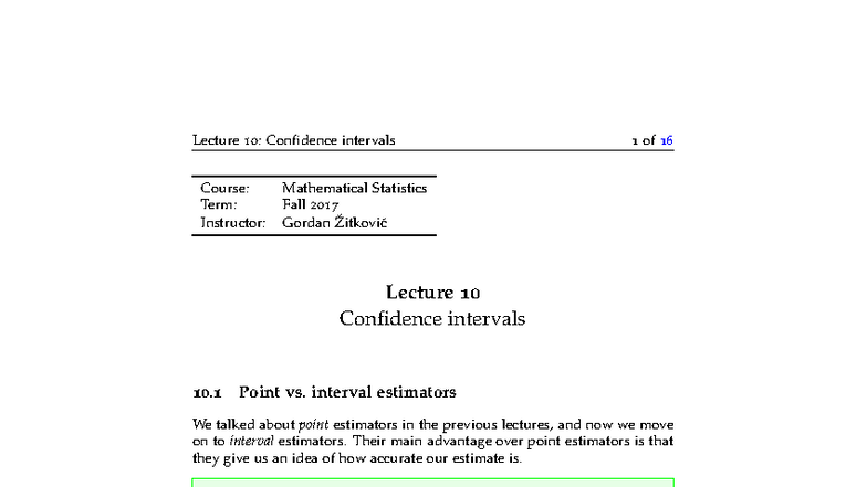 Lecture 10: Confidence Intervals in Mathematical Statistics (Fall 2017 ...