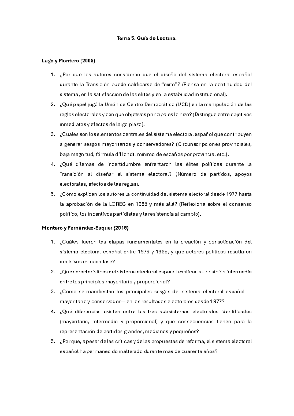 Preguntas de Lectura: Tema 5 - Sistema Electoral Español (Lago y ...