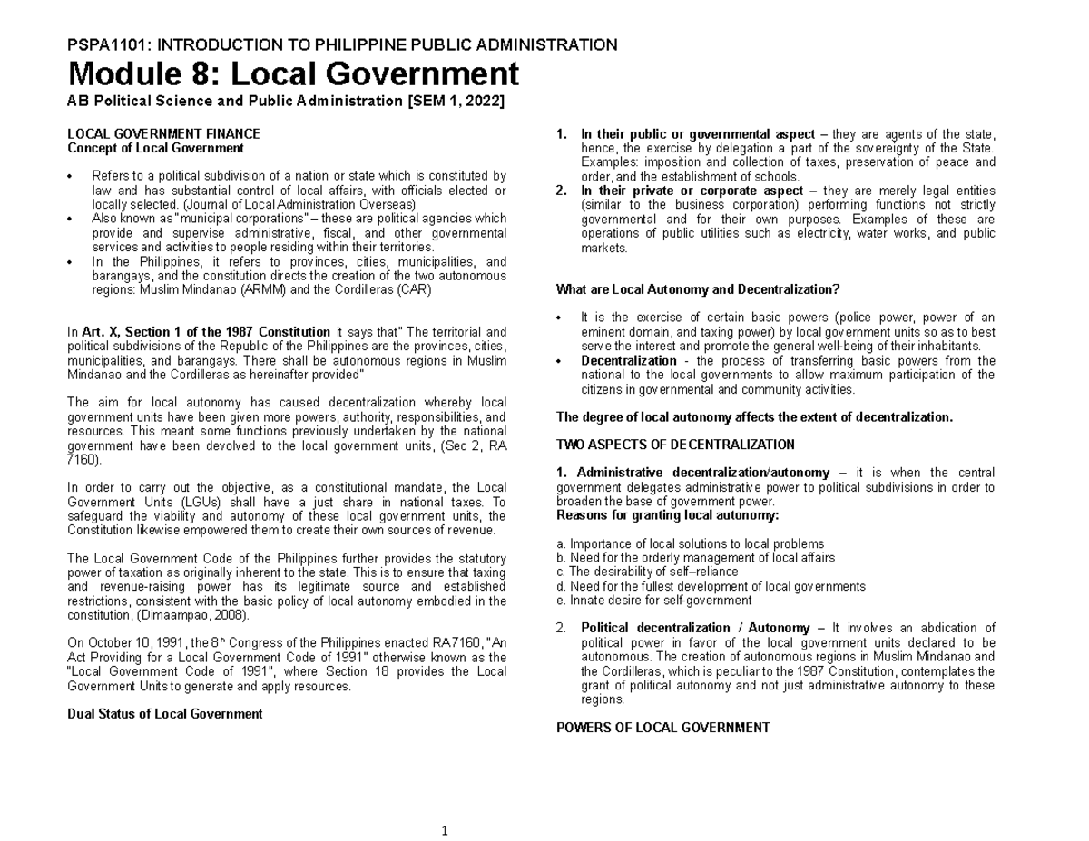 PSPA1101 Module 8 - Local Government: Understanding Local Autonomy and ...