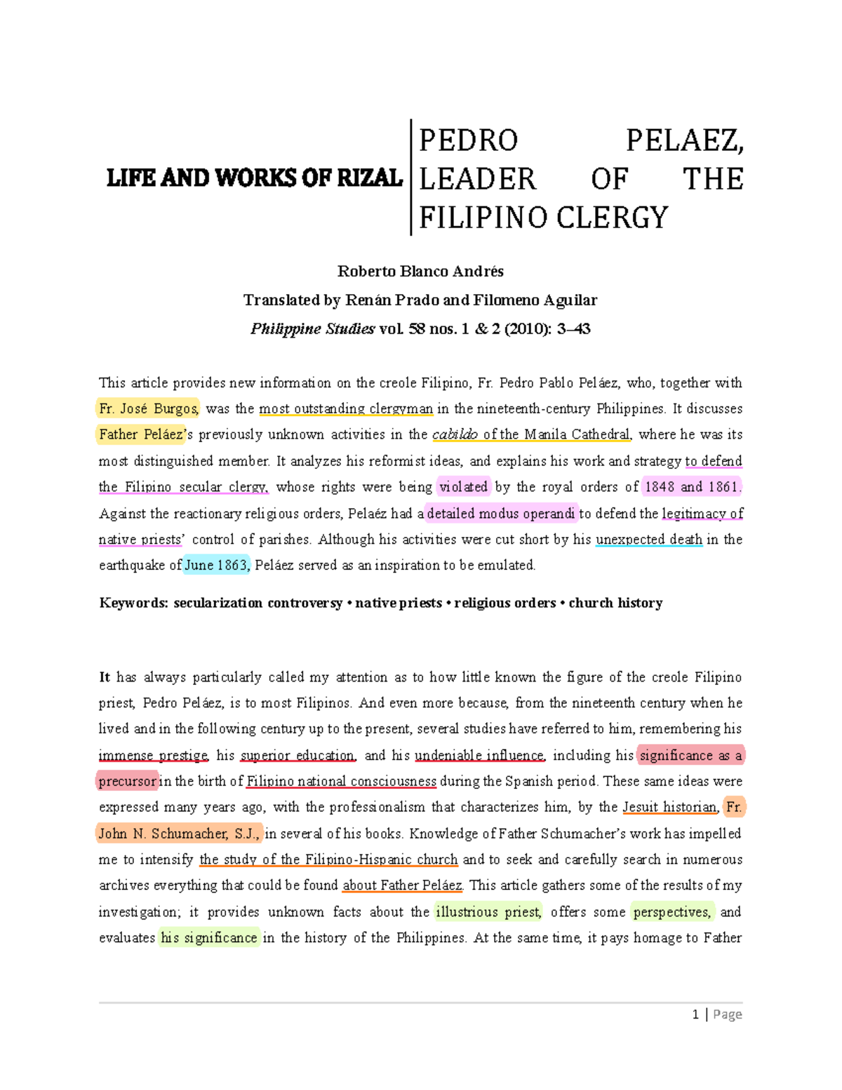 Pedro Peláez: Key Figure in the Filipino Clergy's History (PHILST 58 ...