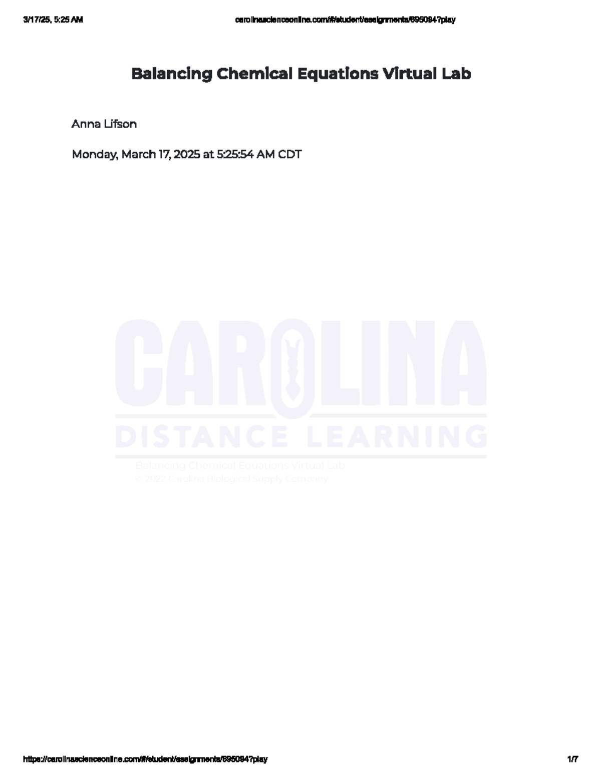 LAB7 Report: Carolina Virtual Lab on Balancing Chemical Equations - Studocu