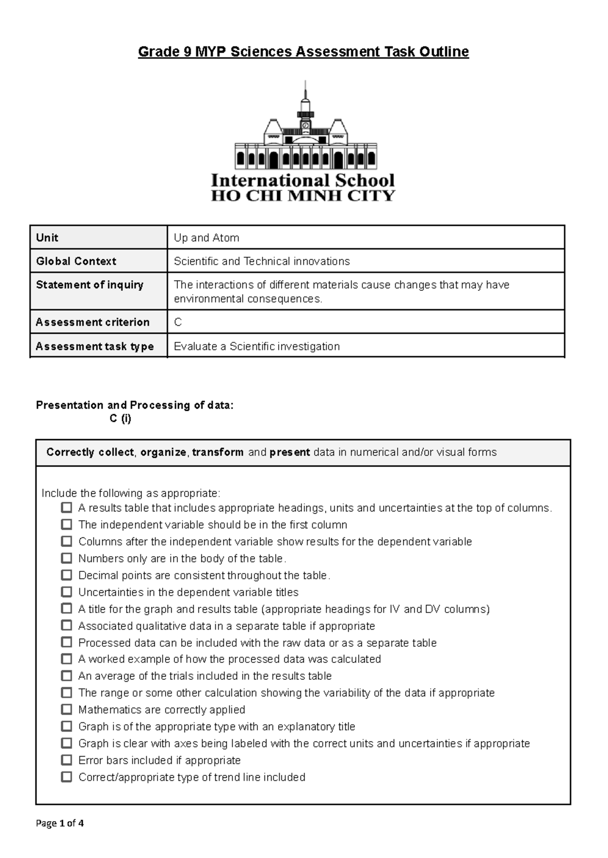 Grade 9 MYP Science Assessment Task: Chemical Reactions Evaluation ...