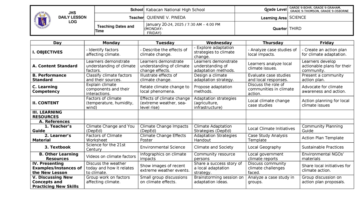 Daily Lesson LOG-G9-Science-Jan - JHS DAILY LESSON LOG School Kabacan ...