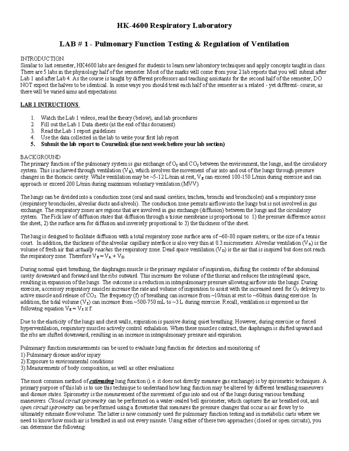Lab 1 - HK4600 Pulmonary Function Testing & Ventilation Regulation ...