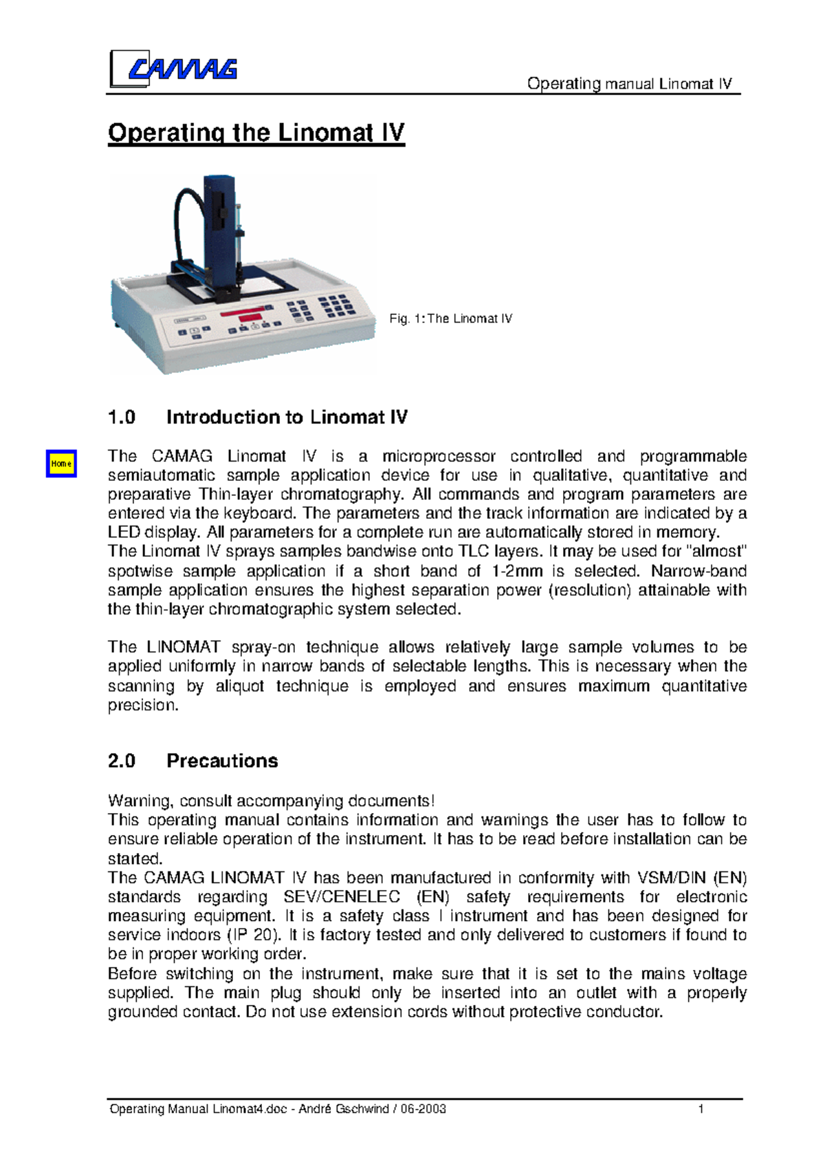 Operating Manual for CAMAG Linomat IV (TLC Application Device) - Studocu