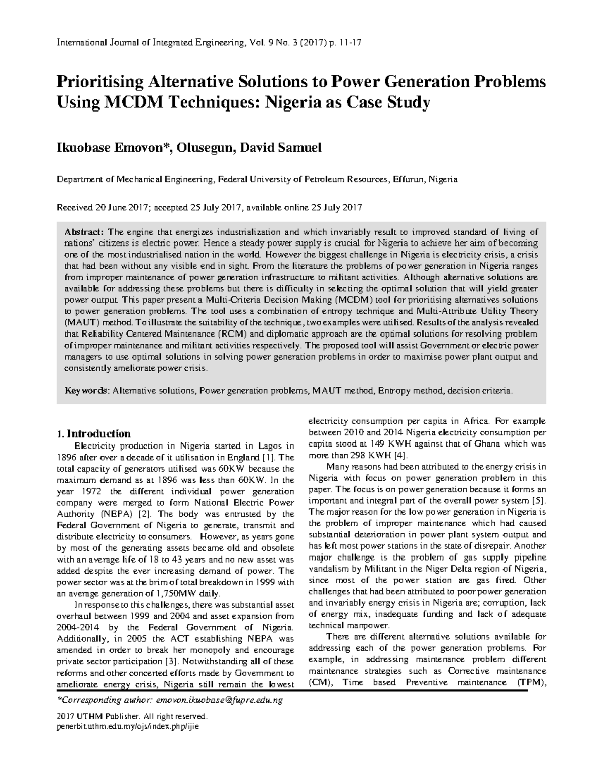 Prioritising Power Generation Solutions in Nigeria: MCDM Techniques ...