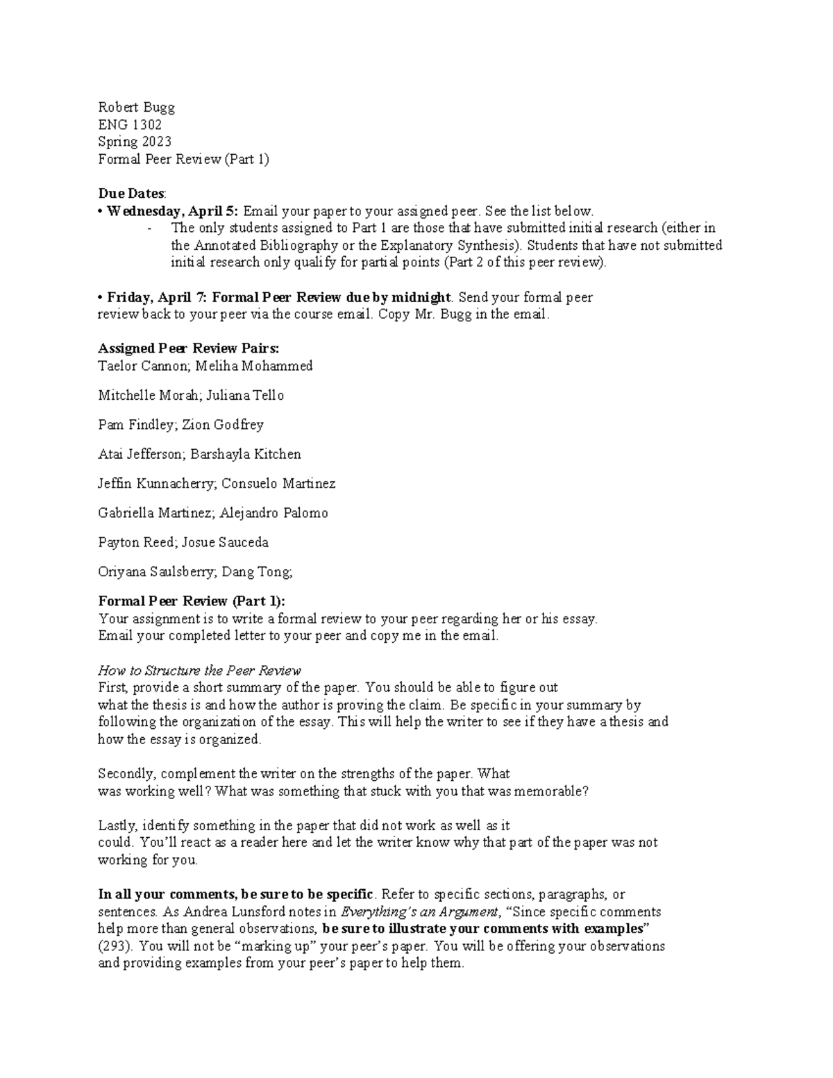 ENG 1302 Spring 2023 Formal Peer Review Guidelines (Part 1) - Studocu