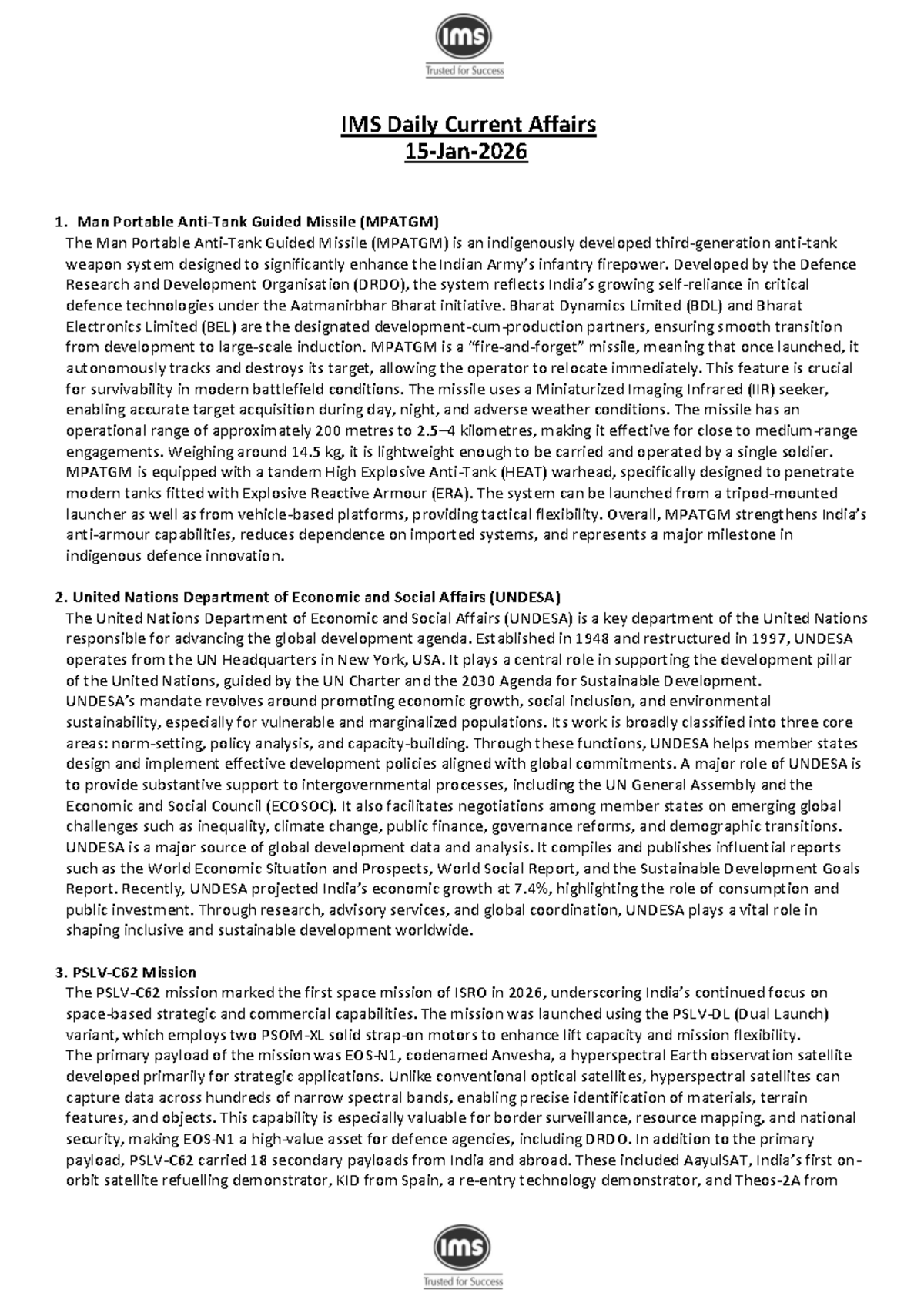 IMS Current Affairs: MPATGM, UNDESA, and ISRO Mission Insights - Studocu