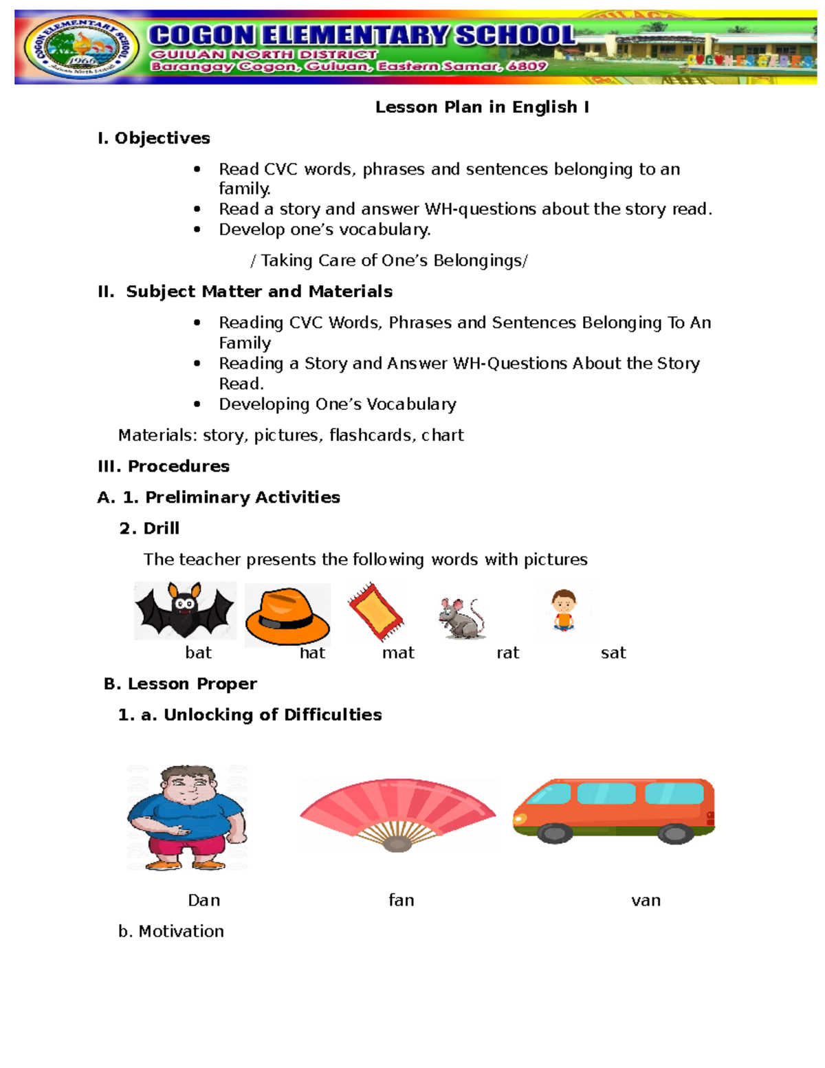 English I Lesson Plan: CVC Words and Vocabulary Development - Studocu