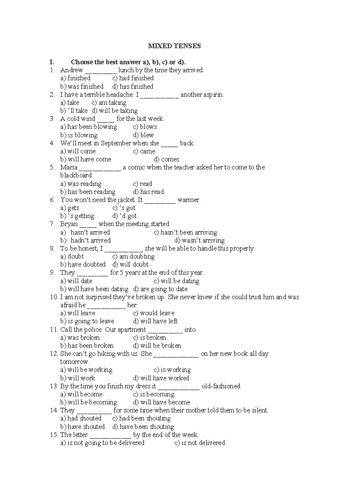 Mixed Tenses Practice Questions (ENG 101) - Studocu
