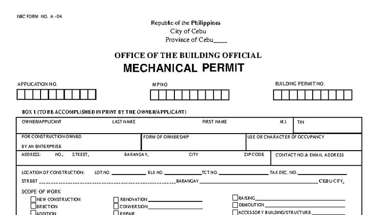 Mechanical Permit Application for Commercial Building - NBC Form A04 - Studocu
