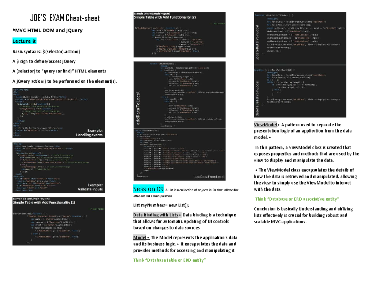 Cheatsheet - JOE’S EXAM Cheat-sheet *MVC HTML DOM and JQuery Lecture 8: Basic syntax is: - Studocu