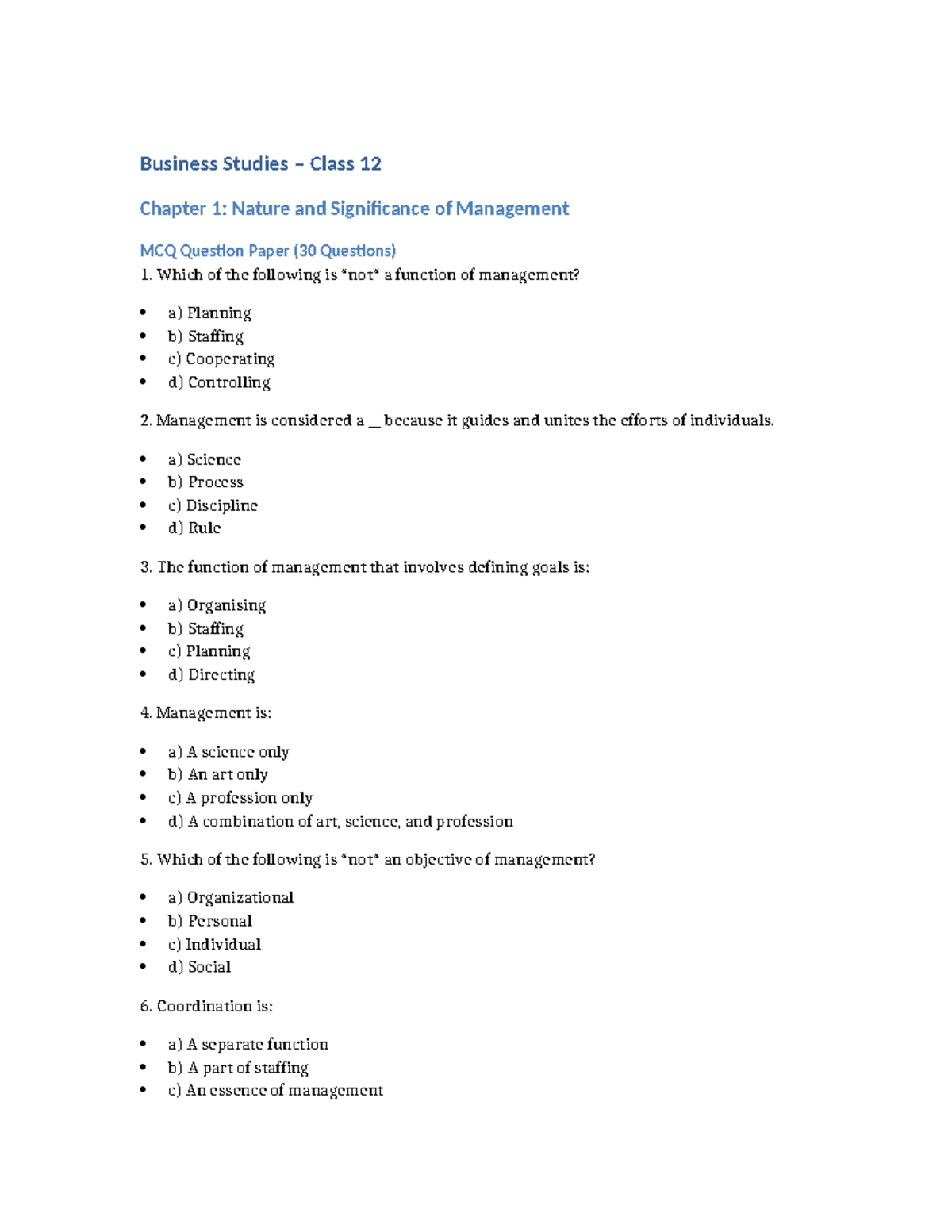 Business Studies Class 12: Chapter 1 Management MCQ Question Paper ...