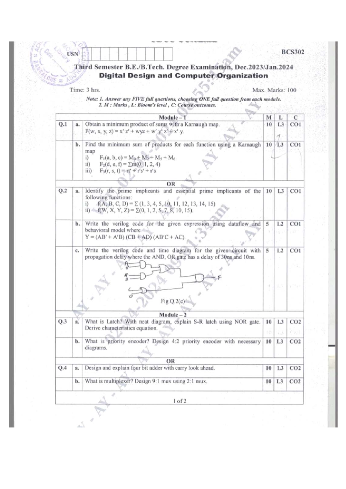 BCS302 Third Semester Exam: Digital Design & Computer Organization QP - Studocu