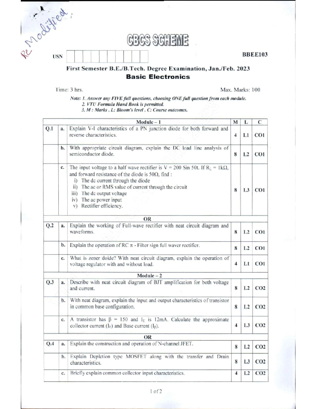 JULY23 BBE103 - Basic Electronics Semester Exam Question Paper - Studocu