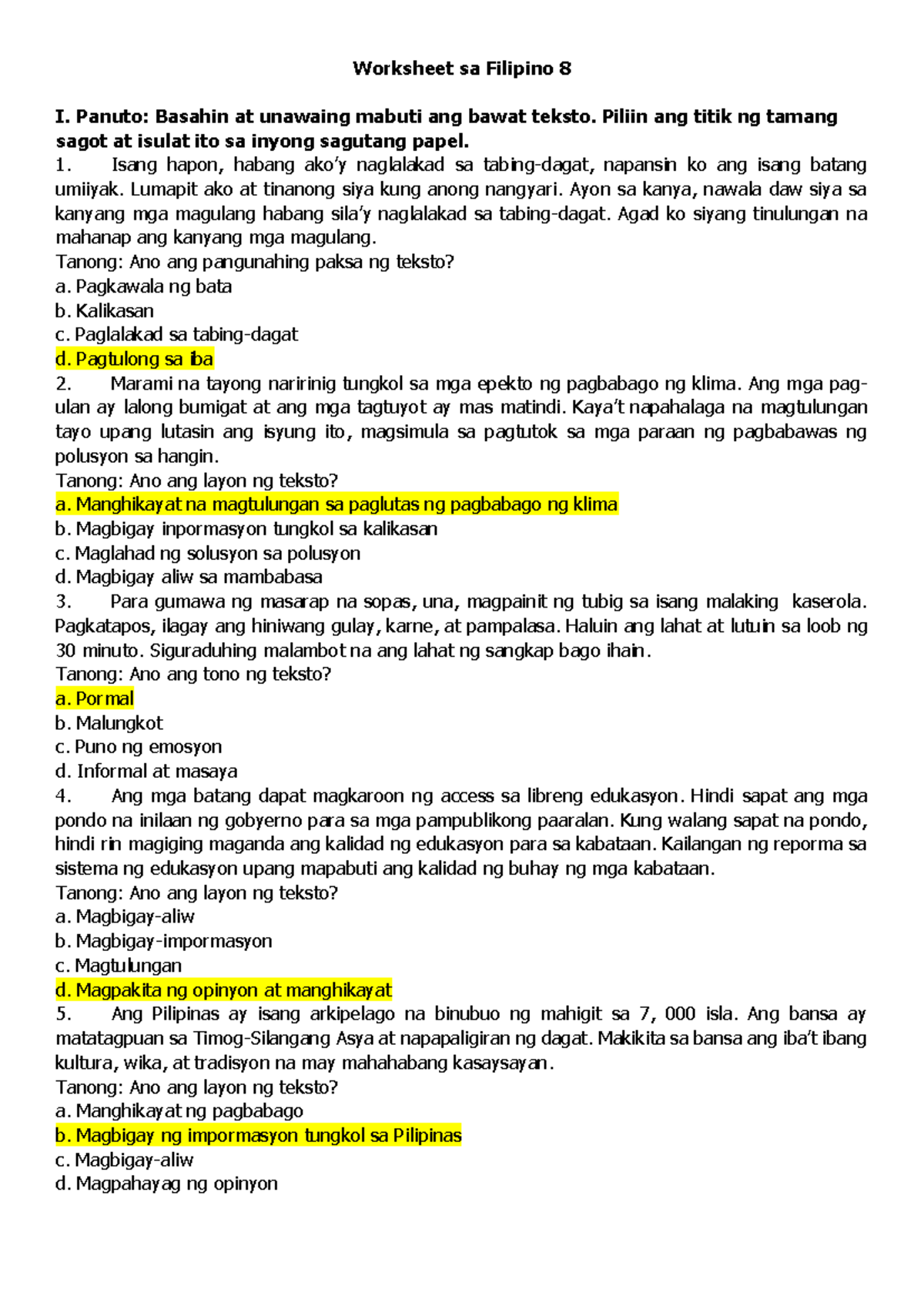 Worksheet sa Filipino 8(Paksa, Layon, Tono) - Worksheet sa Filipino 8 I ...