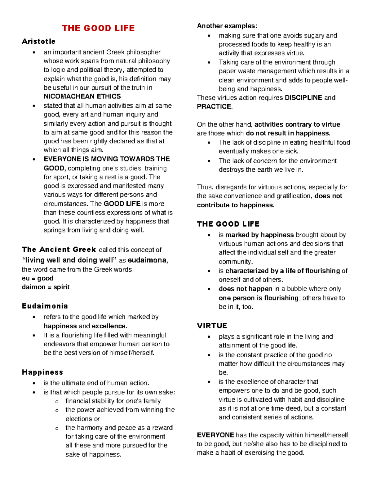 STS The Good Life - STS 101 LECTURE NOTES - THE GOOD LIFE Aristotle an ...