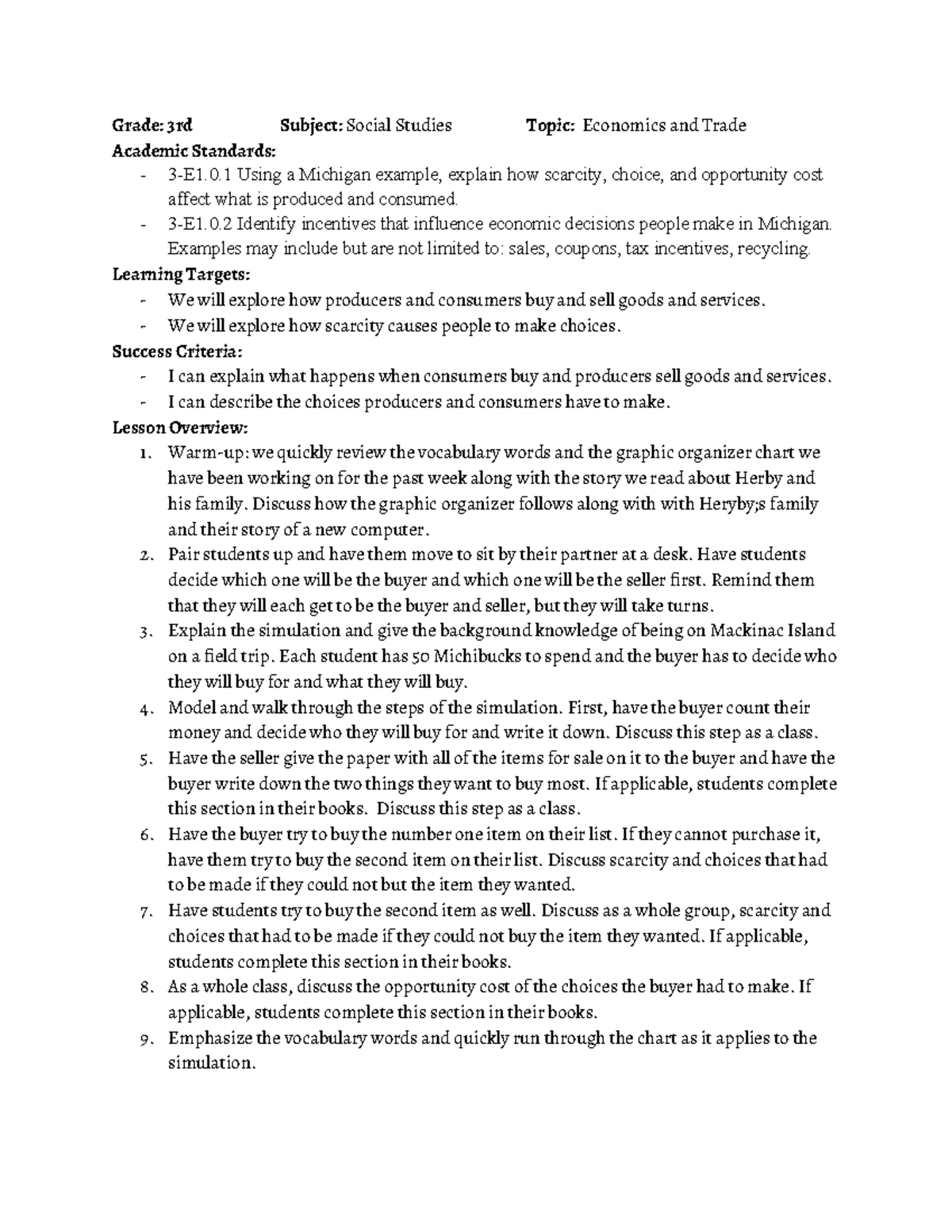 3rd Grade Social Studies Lesson Plan on Economics & Trade - Studocu