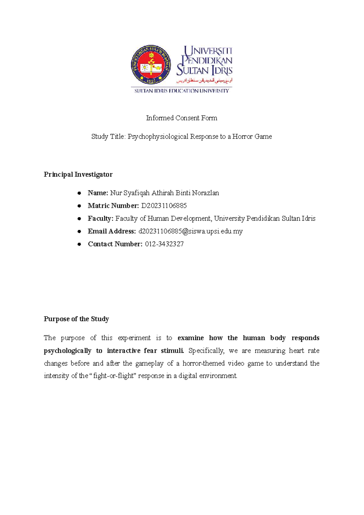 Informed Consent for Experiment 4: Psychophysiological Response to ...