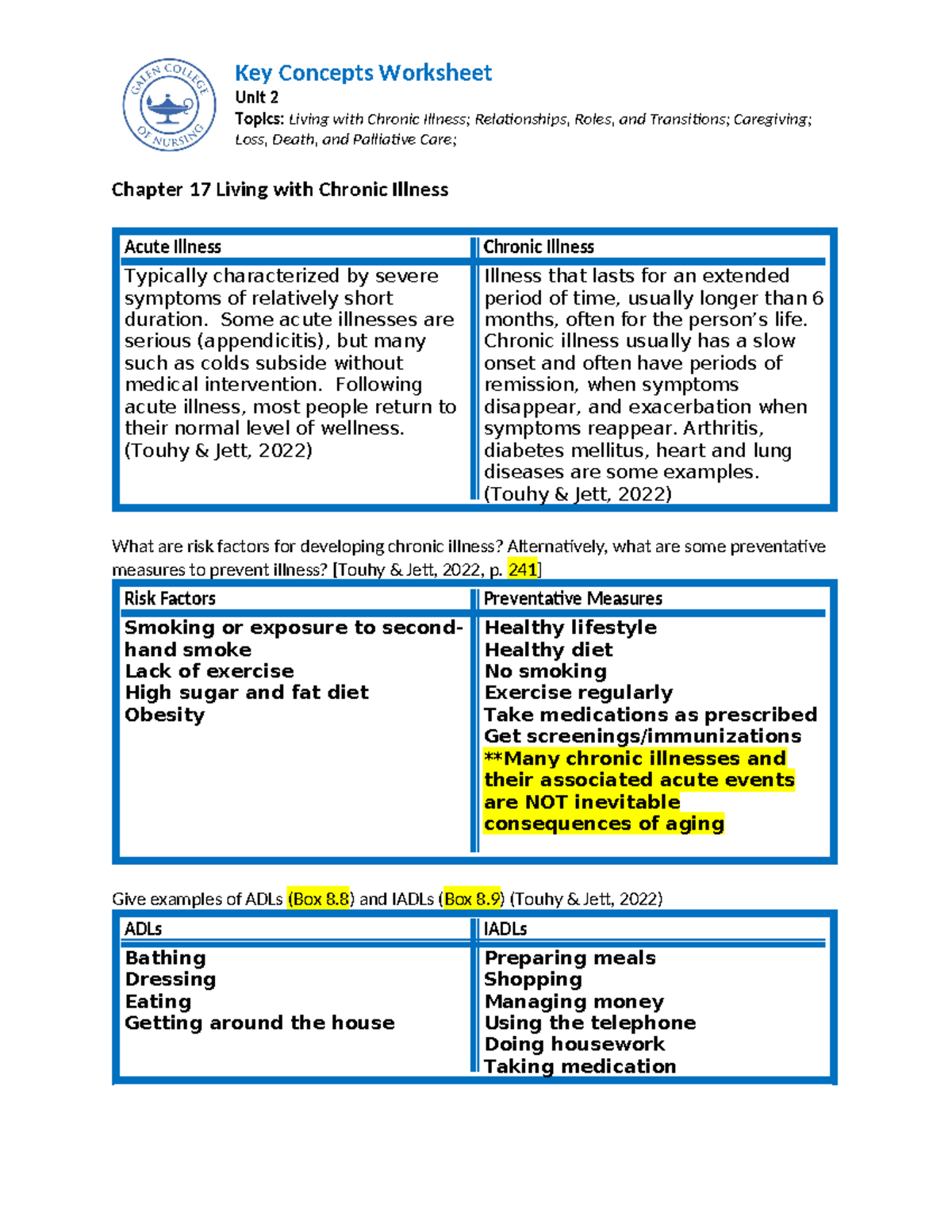 Unit 2 Key Concepts Worksheet - Answer Key - Unit 2 Topics: Living with ...