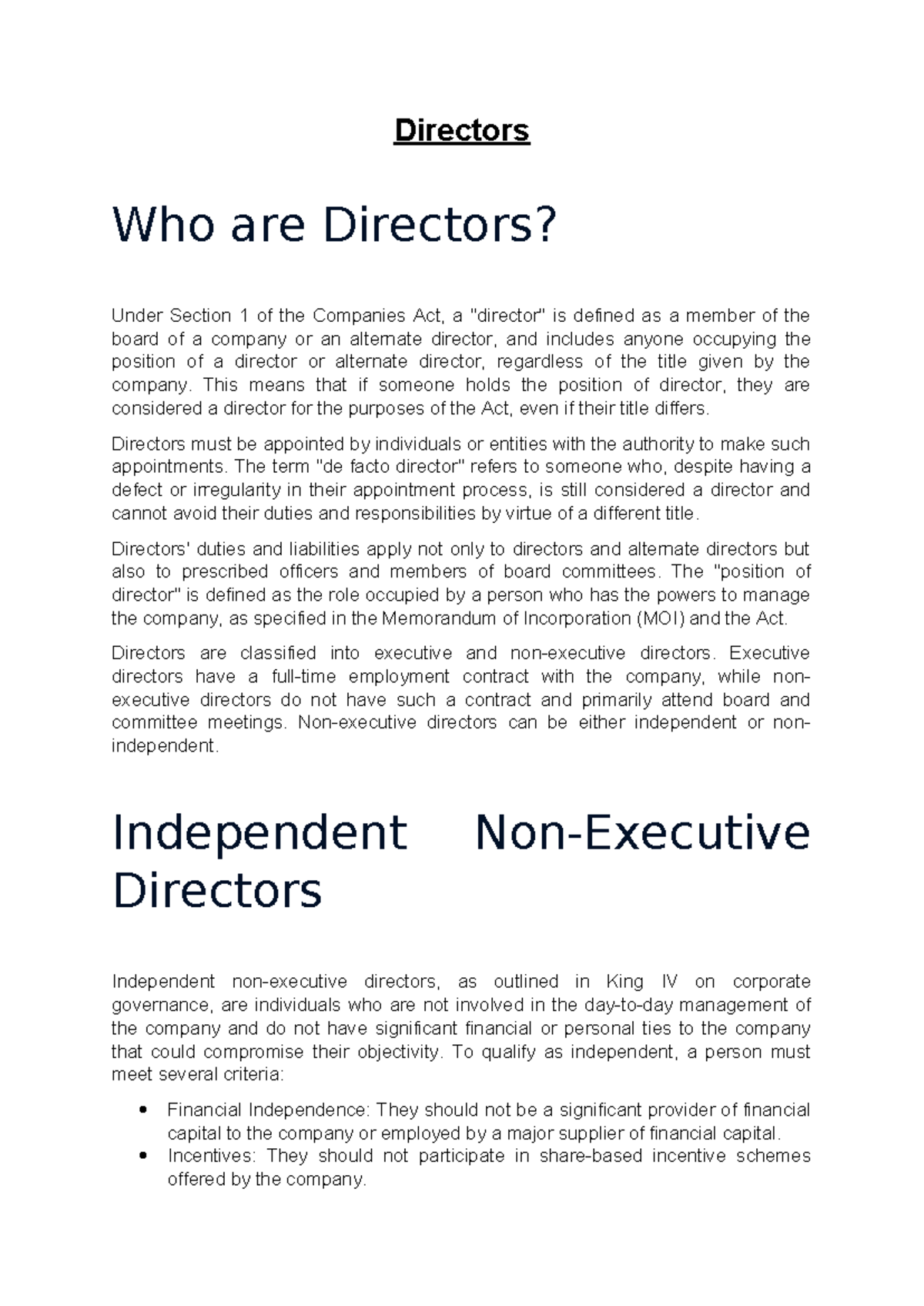 Directors' Duties and Responsibilities Under the Companies Act - Studocu