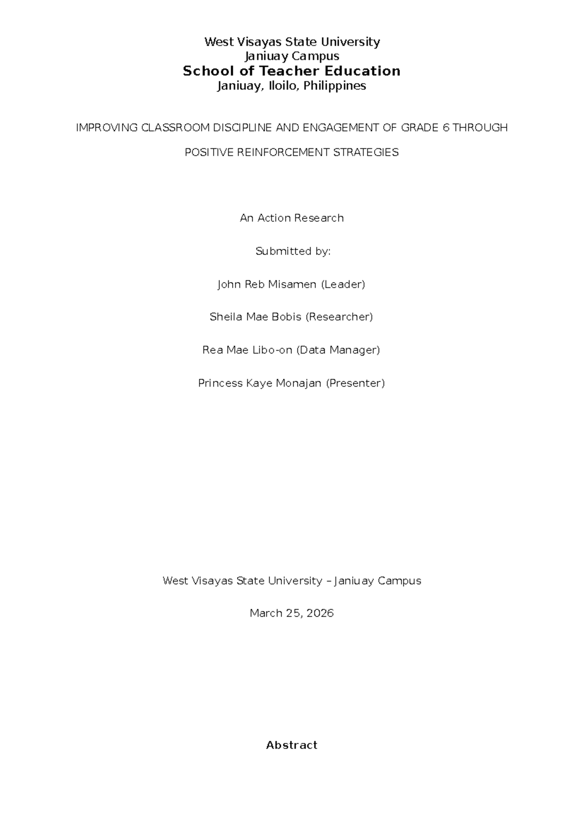 Improving Grade 6 Classroom Discipline via Positive Reinforcement ...