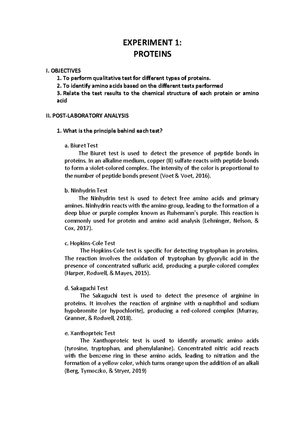 Experiment 1: Qualitative Protein Tests and Analysis (BSRADTECH 2A ...