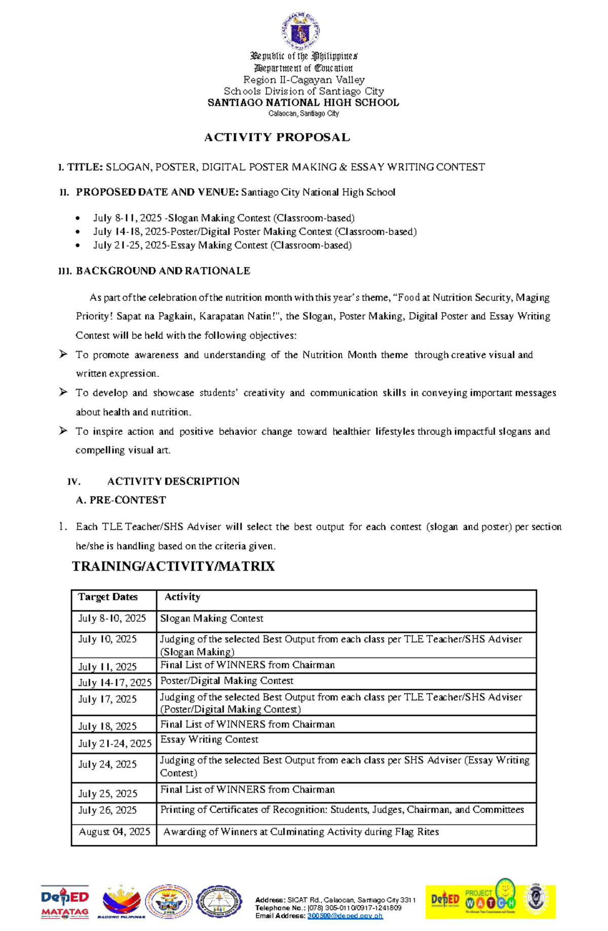 Santiago National High School Nutrition Month 2025 Activity Proposal ...
