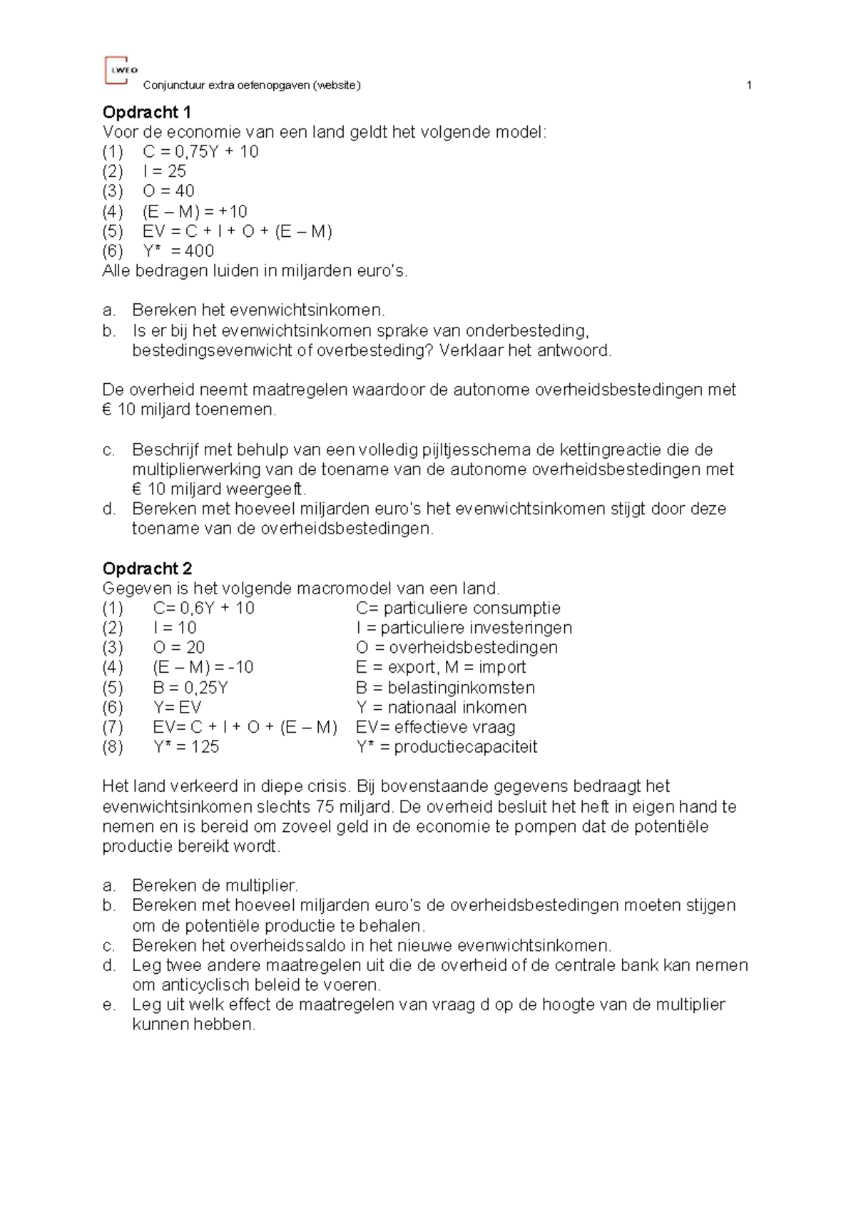 Oefenopdrachten Conjunctuur (Economie) - Extra Oefeningen en Modellen ...