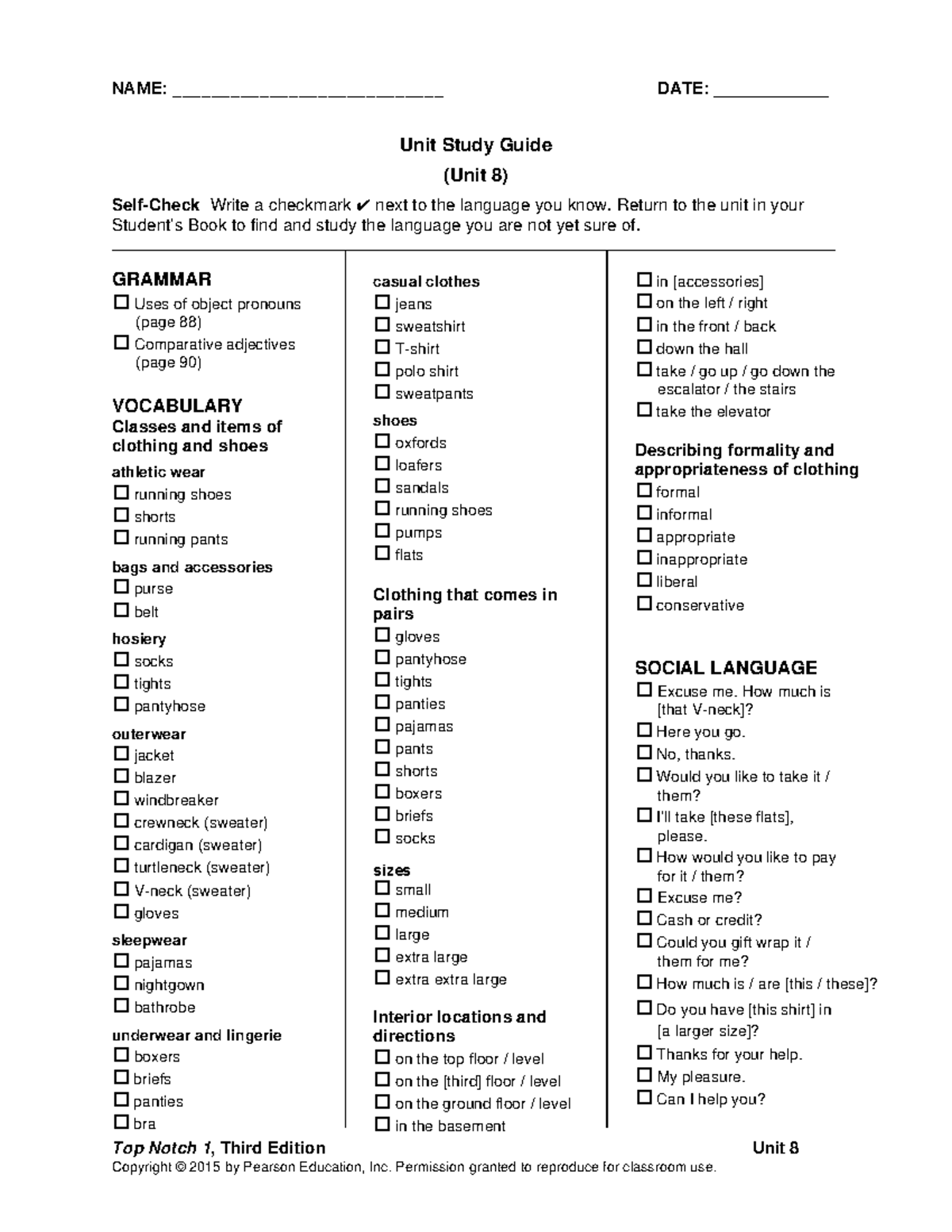 UNIT 08 Study Guide: Clothing Vocabulary & Grammar - Studocu
