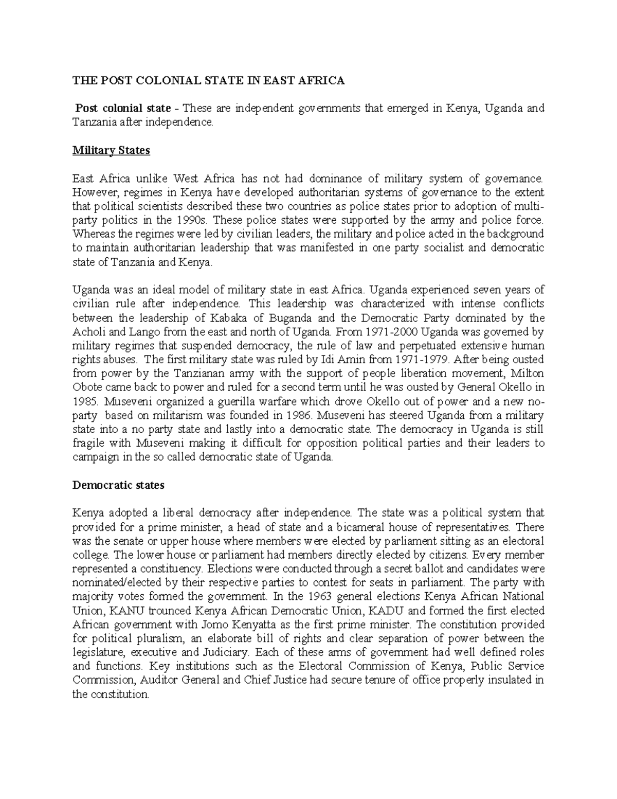 The Post-Colonial State in East Africa: Governance and Democracy ...