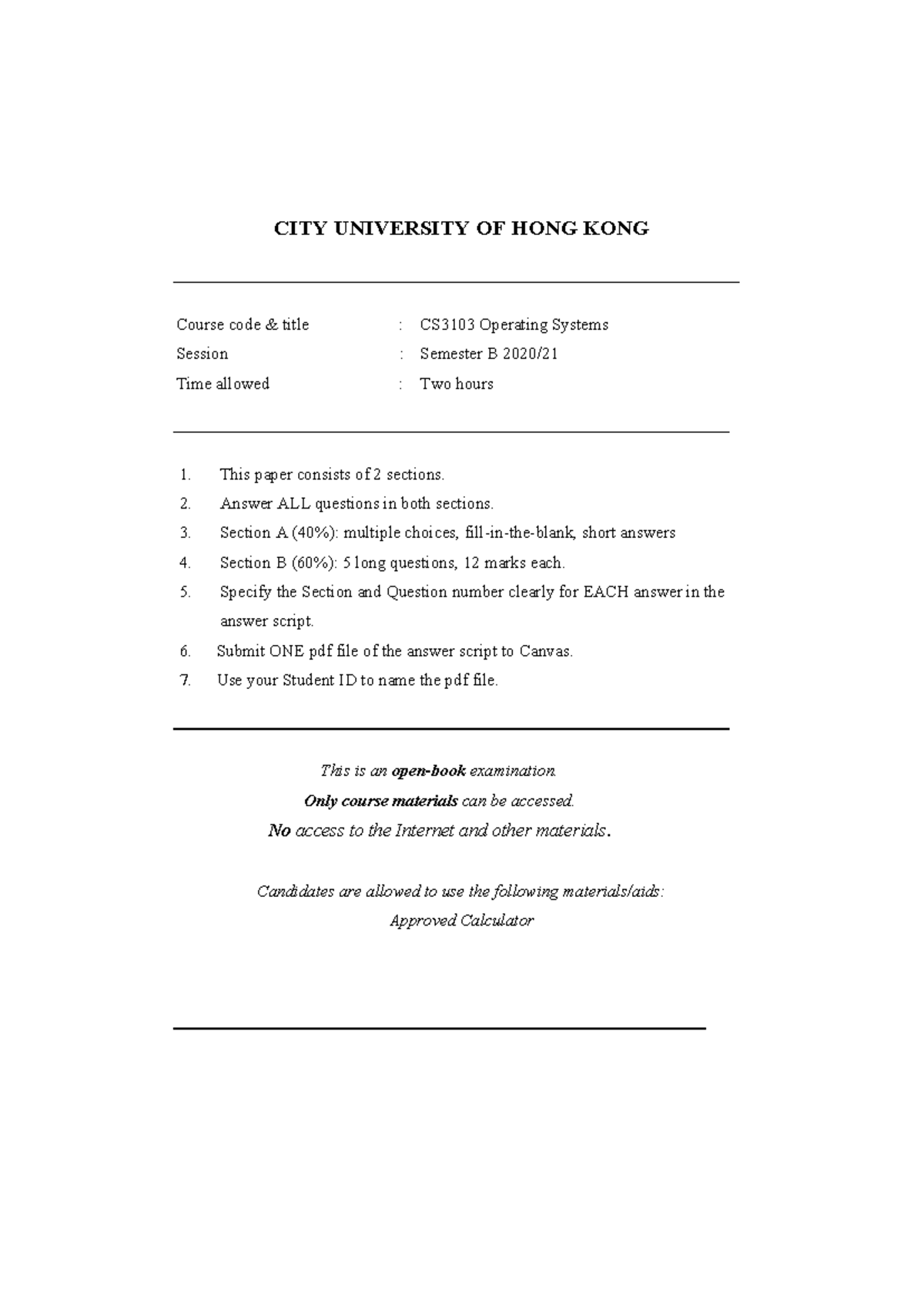 CS3103 2021B Final Exam Structure and Guidelines - Studocu