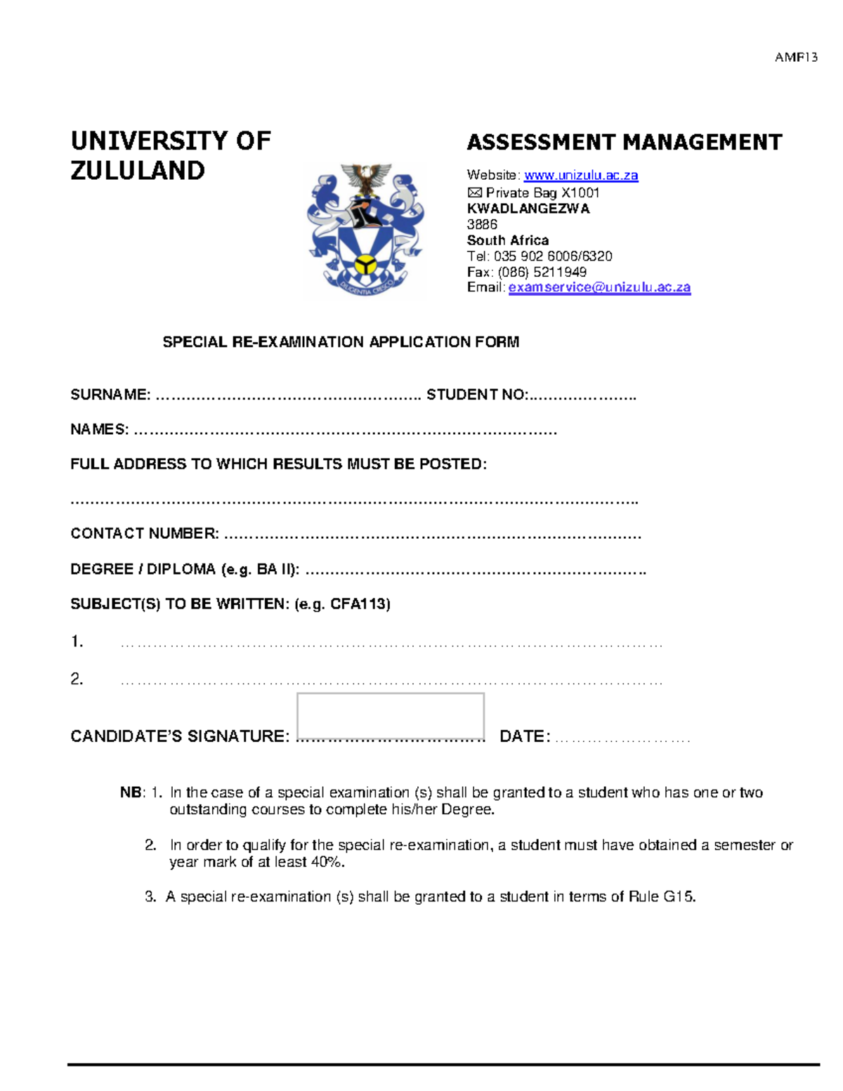 Special Re-Examination Application Form 2021 - AMF ZULULAND - Studocu