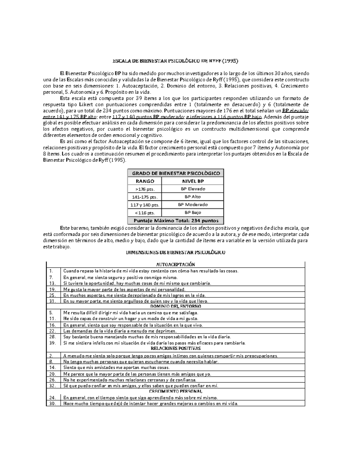 Escala de Bienestar Psicológico de Ryff: Análisis y Dimensiones - Studocu
