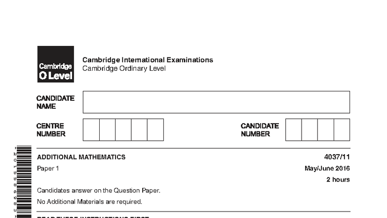 Cambridge O Level Additional Mathematics 2016 Paper 1 (4037) - Studocu