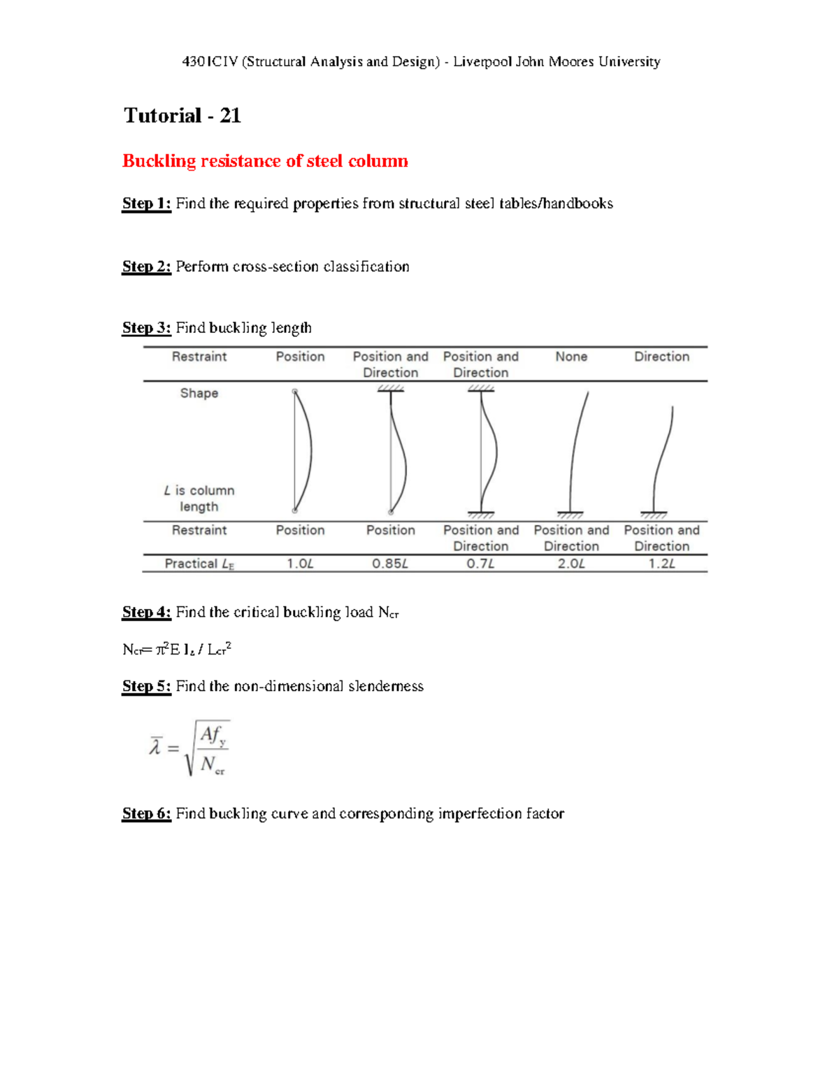 4301CIV Tutorial 21: Solutions for Buckling Resistance of Steel Columns ...