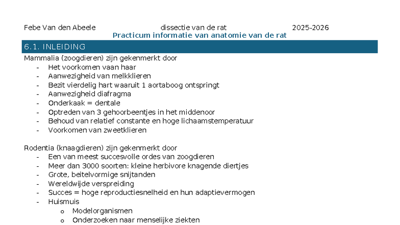Practicum Anatomie van de Rat: Dissectie en Morfologie - Studocu