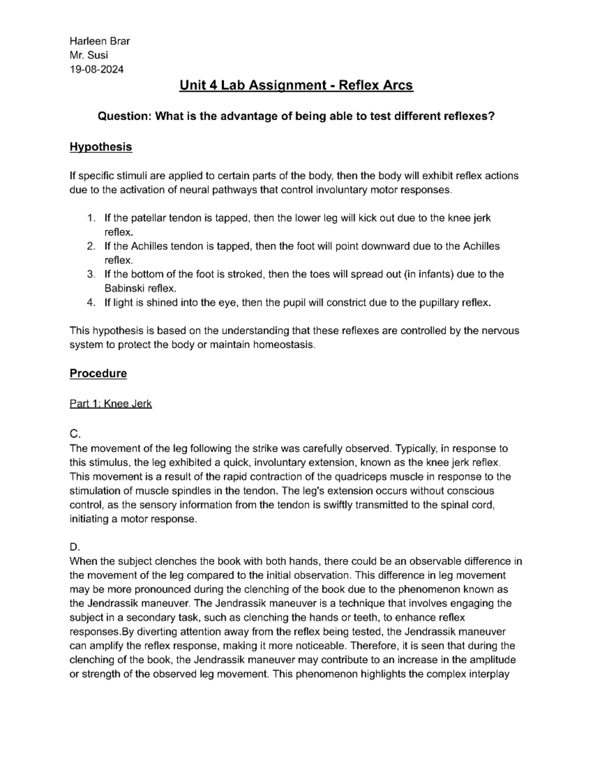 SBI4U – Unit 4 Lab Assignment on Reflex Arcs: Analysis & Results - Studocu