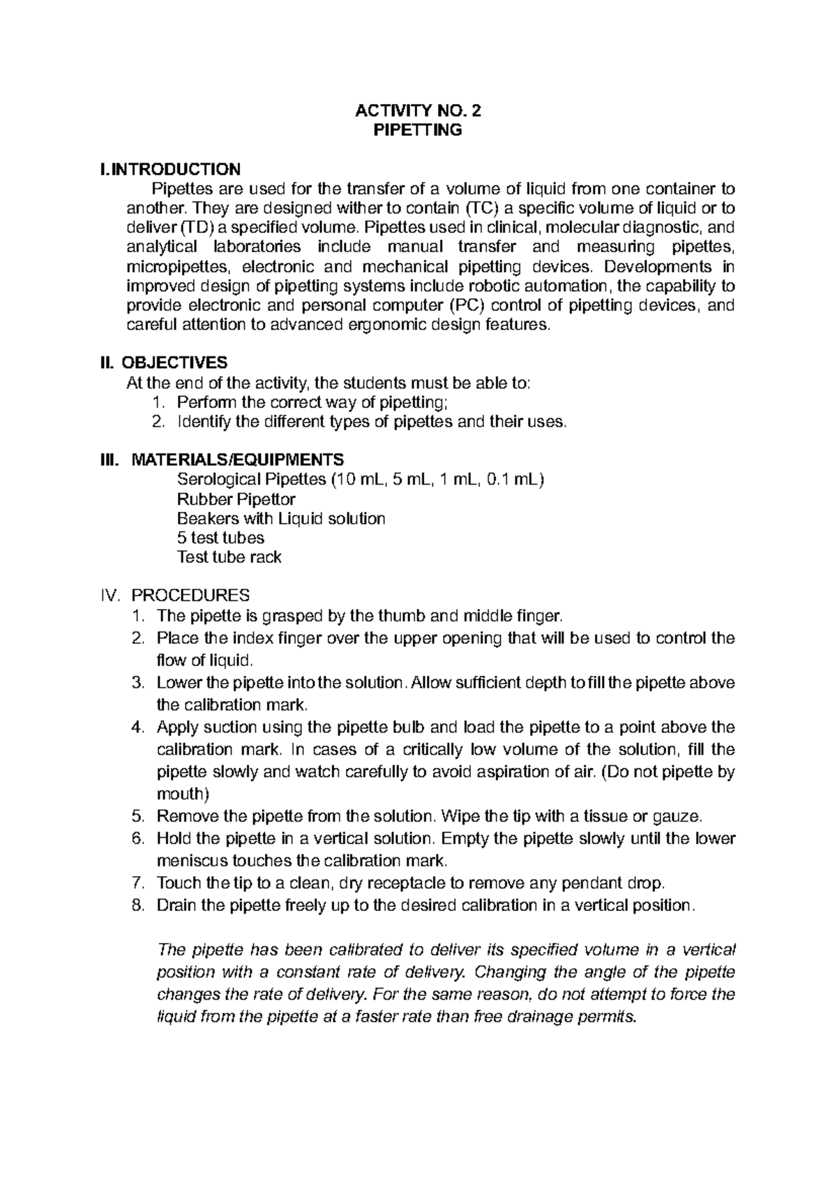 ANA CHEM Act-2 - Act 2 Assignment Sheet - ACTIVITY NO. 2 PIPETTING I ...