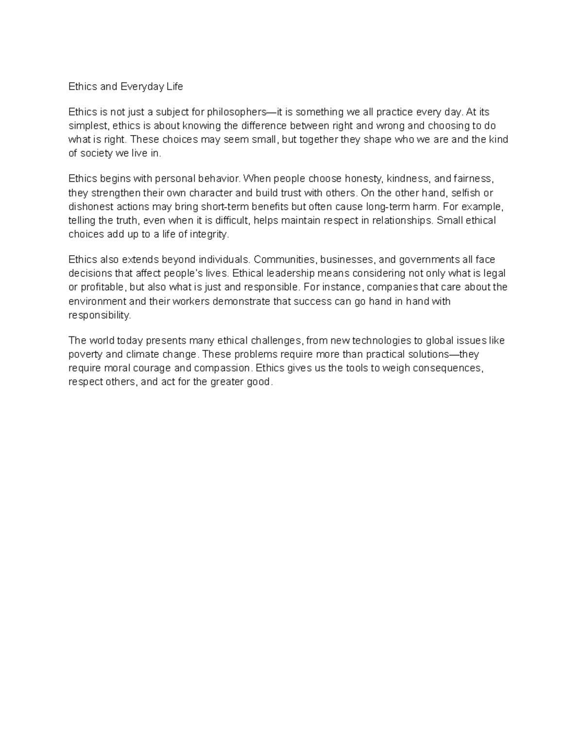 Ethics in Everyday Life: Class Notes for Ethics Course - Studocu