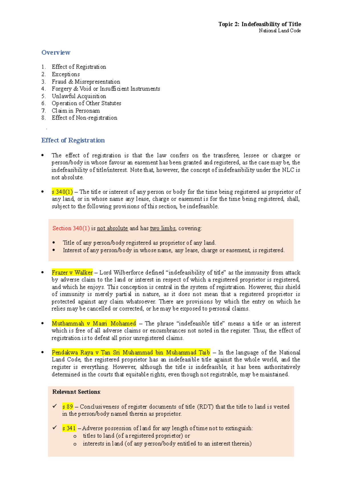 Topic 2 Indefeasibility Of Title In National Land Code Nlc Studocu