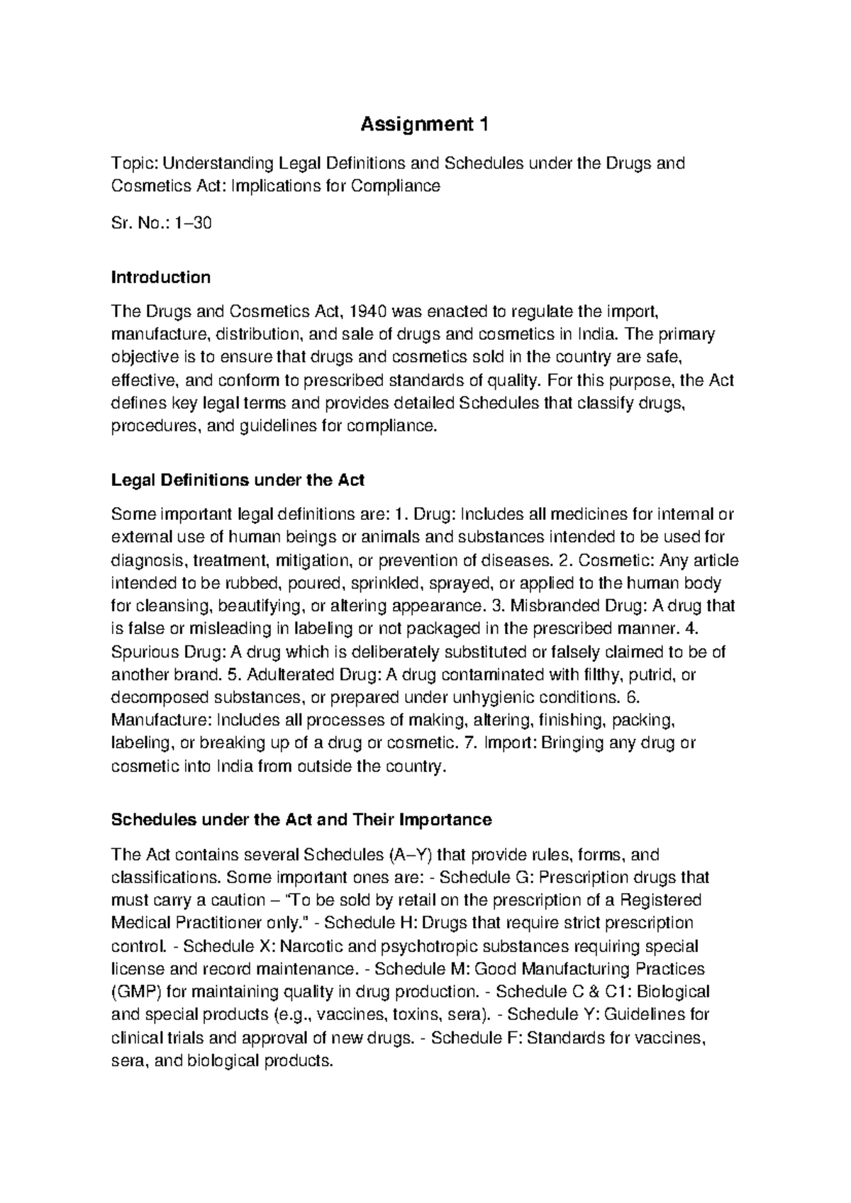 Assignment 1: Legal Definitions & Schedules in Drugs & Cosmetics Act ...